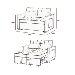 UFINEGO Sleeper Sofa Bed with Pull-Out Couch Bed, Convertible Loveseat Velvet Sofa Couch with 2 Lumbar Pillows for Small Spaces, Gray