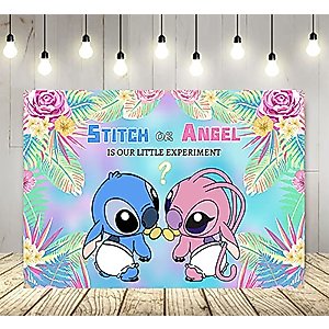Stitch and Angel Gender Reveal Backdrop Summer Hawaii Baby Shower Banner for Party Decorations Supplies 5x3ft