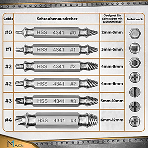 Mata1 Double-Sided Screw Extractor Set (6 pc, Stainless Steel), Stripped Screw Remover Drill Bits Kit w/Case