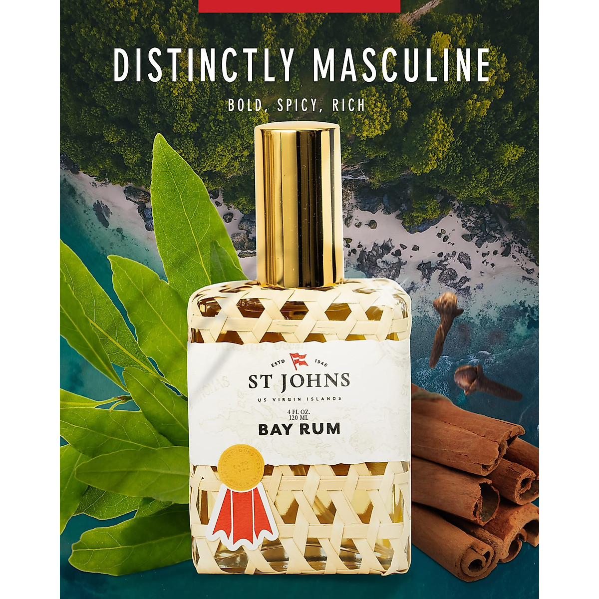 St. John Bay Rum Aftershave and Cologne | Made with Bay Leaves from The Virgin Islands | Bay Leaf After Shave Fragrance for Men | (4 oz)