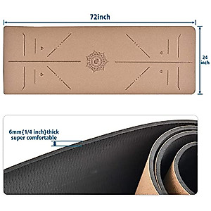 NUNET Cork Yoga Mat 6mm (1/4 inch) Thick Extra Wide 72'' x 26'' NonSlip, Lightweight TPE foam with Alignment Lines, Great for Hot Yoga, Pilates, Gym and Exercise, Black Carrying Strap Included (BLACK)