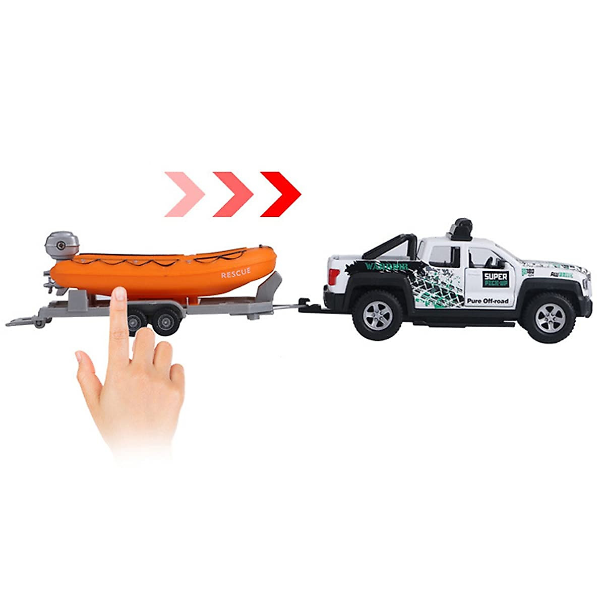 Pickup Truck Trailer Towing Speed Boat 2 in 1 Playset Diecast Model Car Metal Pull Back Toy Cars 1/36 SUV Vehicle Outdoor Sandbox Adventure Play Set Doors Open Light Sound Boys Toys Kids Gifts
