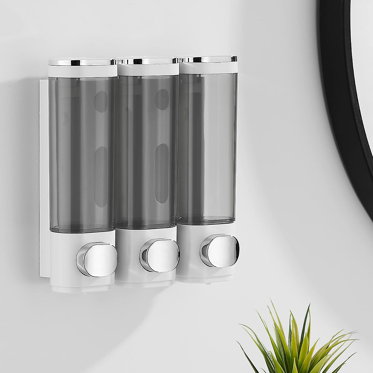 Pollock Shower Dispenser - 3 Chamber No Drill Wall Mounted Shampoo, Conditioner, Body Wash Dispenser for Bathroom, Large Capacity, White