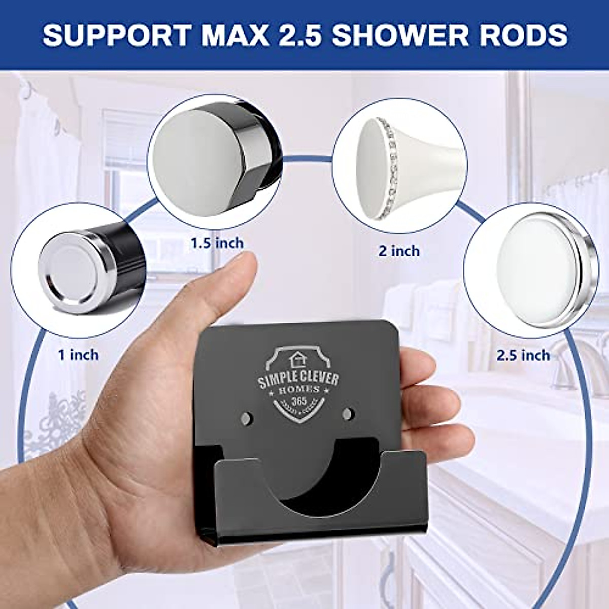 Black Acrylic Bathroom Curtain Rod Holders Adhesive Non Slip Curtain Hangers Pole Holders for Drapes No Drill Stick On Wall Mounted Bath Rod Gripper 2 Piece Square Shower Rod Brackets for Wall