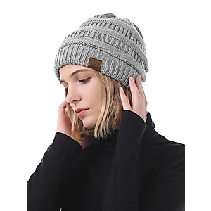 American Trends Satin Lined Beanie Hats Winter Hats for Women Cable Warm Knit Skull Cap Thick Slouchy Beanie Black&Light Grey&White&Pink