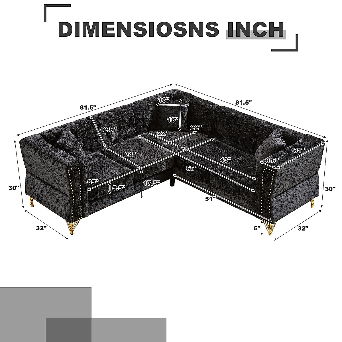 82" Oversize Chenille L-Shaped Corner Sofa,5-Seater Nailhead Trim Sectional Chesterfield Couch with 3 Cushions for Living Room, Bedroom (Black)