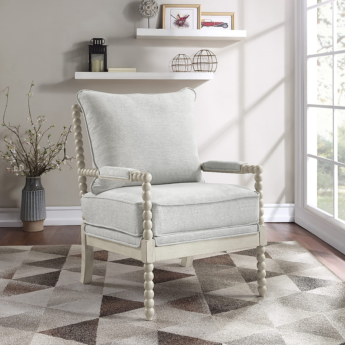 OSP Home Furnishings Kaylee Spindle Accent Chair with Antique White Wood Frame, 26.5” W x 32.25” D x 37” H, Smoke Grey Fabric