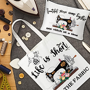 3Pcs Sewing Tote Bag Canvas Bag with Keychain, Funny Quilting Sewing Gifts for Seamstress Women Sewing Lovers Mom, Sewing Cosmetic Bag Organizer Makeup Pouch Sew Machine Themed Christmas Gift