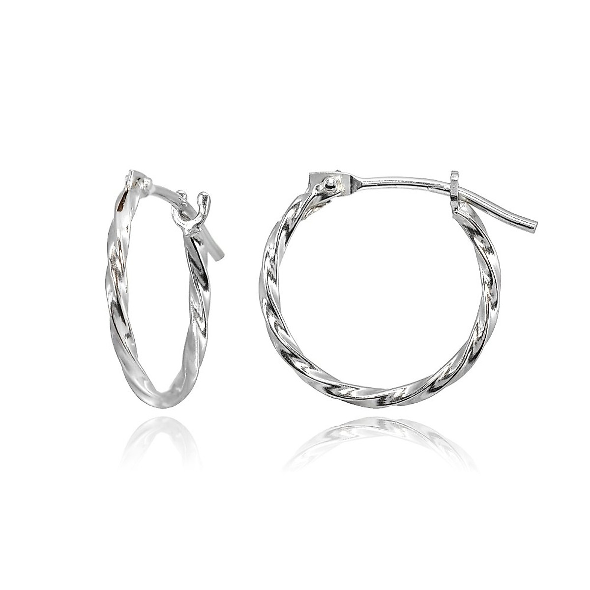 14K White Gold Very Tiny Small 12mm High Polished Twist Thin Lightweight Hoop Earrings for Men Women
