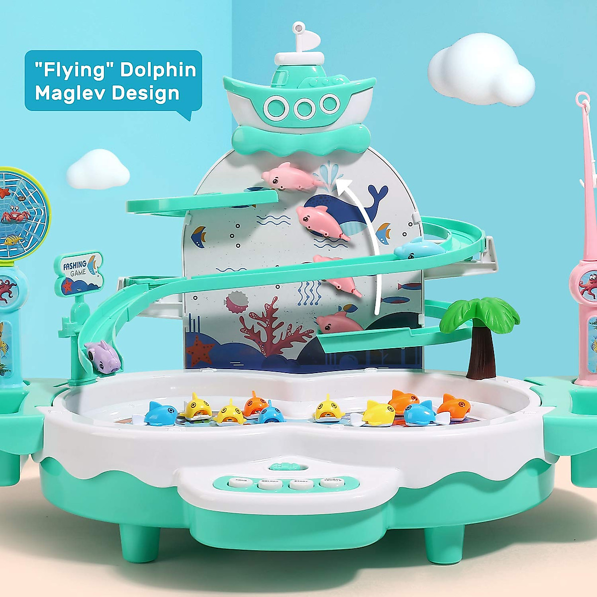 CUTE STONE Fishing Game Toys with Slideway,Electronic Toy Fishing Set with Magnetic Pond,10 Fish,3 Magnetic Dolphins,2 Toy Fishing Poles,Learning Educational Toys with Music Story for Kids Toddlers