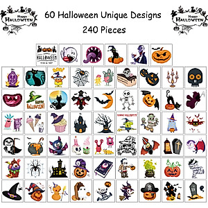 240 PCS Halloween Temporary Tattoos for Kids, Safety Waterproof Bulk Tattoos Stickers, Halloween Prizes Assorted Gifts, Best Choice for Halloween Party Favors, 60 Different Designs Pumpkin Witch Skull
