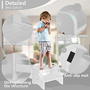 AMBIRD Wooden Two Step Stools Toddler with Safety Non-Slip Pads and Handles, Bamboo Step Stool for Bathroom, Bedroom, Kitchen Dual Height Step Stools for Kids (White)
