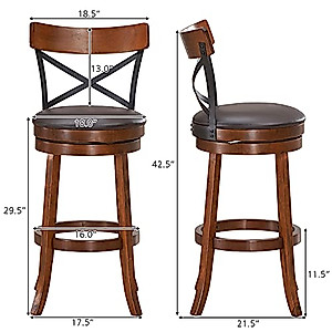 COSTWAY Bar Stool Set of 2, 360-Degree Swivel Solid Wood Stools with Soft Cushion & Backrest, 29.5”Height Kitchen Counter Bar Stools for Kitchen Island, Pub, and Restaurant (2, 29in)