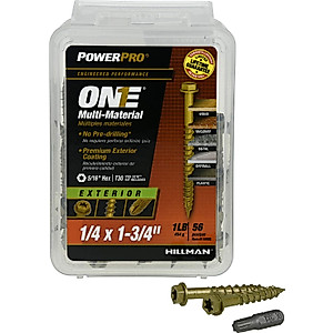 Power Pro Premium One Multi-Material Hex Washer Head Screws, Epoxy Coated Steel, Fasten in Wood, Metal, Concrete, Drywall and Plastic, Bronze, ¼ x 1-¾ inches, Box of 56 Screws