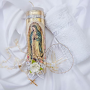 Baptism Candle Set for Boys and Girls with Our Virgen de Guadalupe Candle, Rosary, Towel and Plastic Shell Included - Velas para bautizo - Baptism kit Catholic with Candle