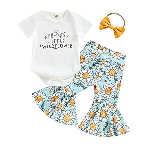 Baby Girl Floral Bell Bottoms Outfit Little Wildflower Romper Short Sleeve Onesie Pants Headband Spring Clothes Set (White & Blue, 6-12 Months)