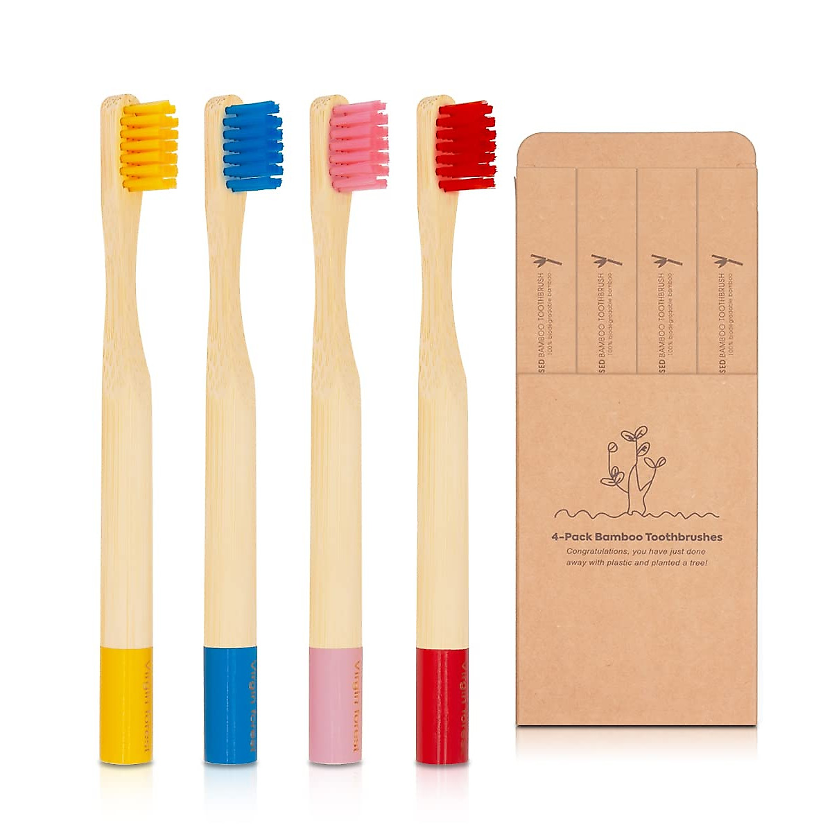 Virgin Forest Kids Bamboo Toothbrushes, Child Size Soft BPA Free Colored Safe Bristles (4 Pack)