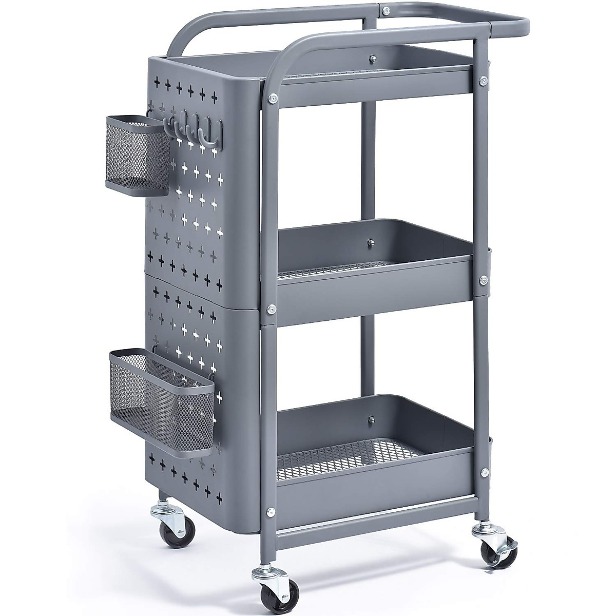KINGRACK 3-Tier Rolling Cart, Metal Utility Cart with Pegboard, Storage Trolley Organizer Serving Cart with Handle and Extra Baskets Hooks for Kitchen Office Teacher Classroom, Grey