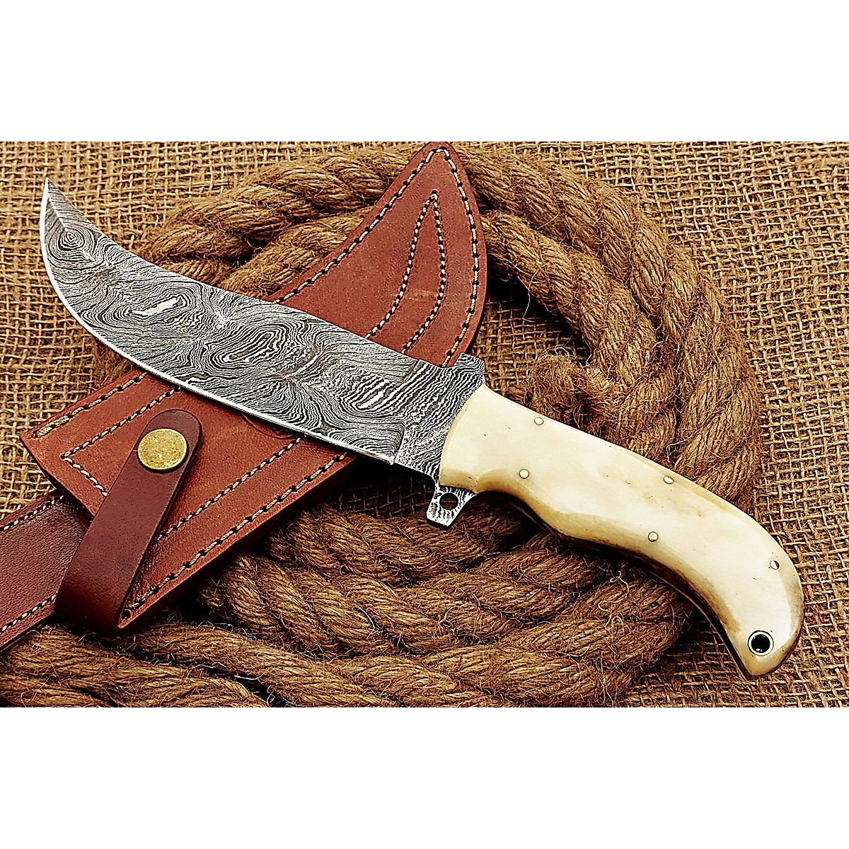 HUNTEX Handmade Hand-Forged Twist Pattern Damascus Steel 11 Inch Long Full Tang Camel Bone Handle Razor Sharp Hunting Camping Trail Knife w/Genuine Leather Sheath