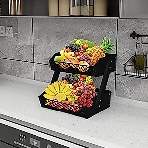 Dorhors 2 Tier Fruit Basket for Kitchen,Fruit Bowl for Kitchen Counter,Wood Fruit Holder for Kitchen Countertop,Black