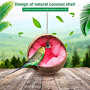 Natural Coconut Bird Nest,Parrot Coco Hut House Bed with Warm Mat Resting Breeding Place&Bird Natural Wood Swing Toys for Budgerigar, Parakeet, Cockatiel, Love Birds, Finches(H01)