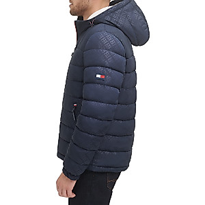 Tommy Hilfiger Men's Midweight Sherpa Lined Hooded Water Resistant Puffer Jacket, Tommy Logo Tech, Small