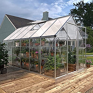 PAPAJET 6x12 FT Hybrid Polycarbonate Greenhouse 3 Vent Window with Lockable Hinged Door Walk-in Hobby Greenhouse Aluminum Hot House for Outdoor Garden Backyard Silver