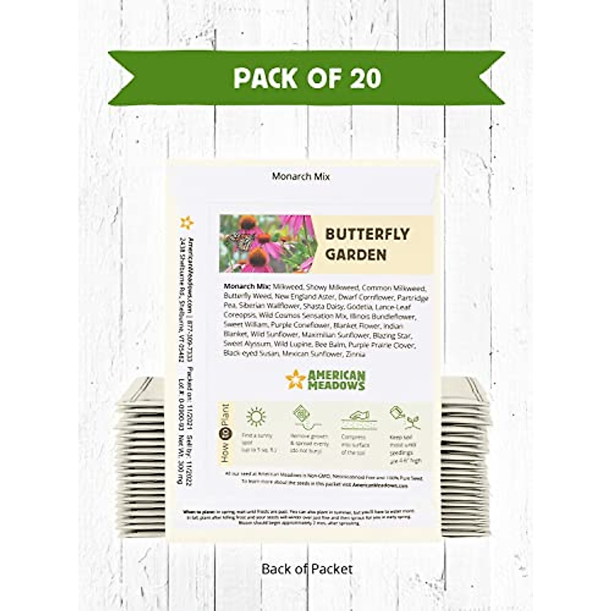 American Meadows Wildflower Seed Packets "Butterfly Garden'' Favors (Pack of 20) - Pollinator Wildflower Seed Mix to Attract Hummingbirds, Bees, and Butterflies, Party Favors for Any Occasion