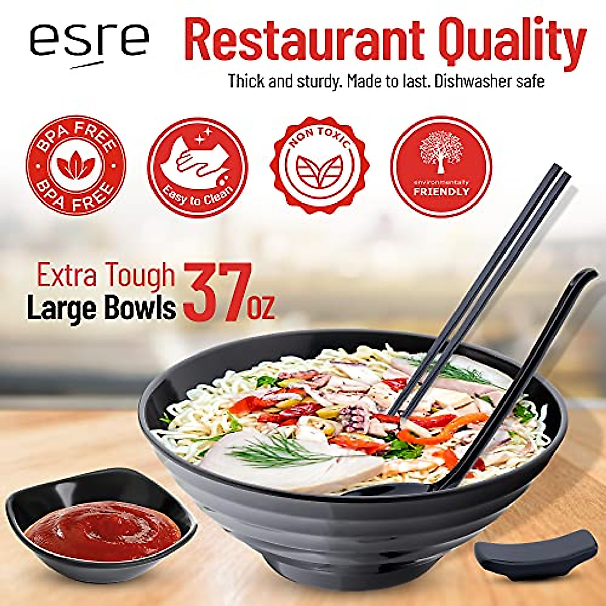 ESRE 2 sets (12 pieces) 37 oz Japanese Ramen Bowl with Chopsticks and Spoons | Asian Chinese Large Ramen Noodle Bowl | Dinnerware Ramen bowl set and Pho Bowl (Black)