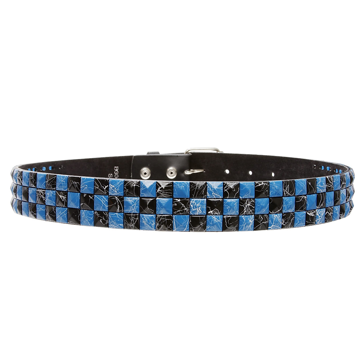 Snap On 1 1/2" Blue & Black Checkerboard Punk Rock Studded Belt, m 33"-35"