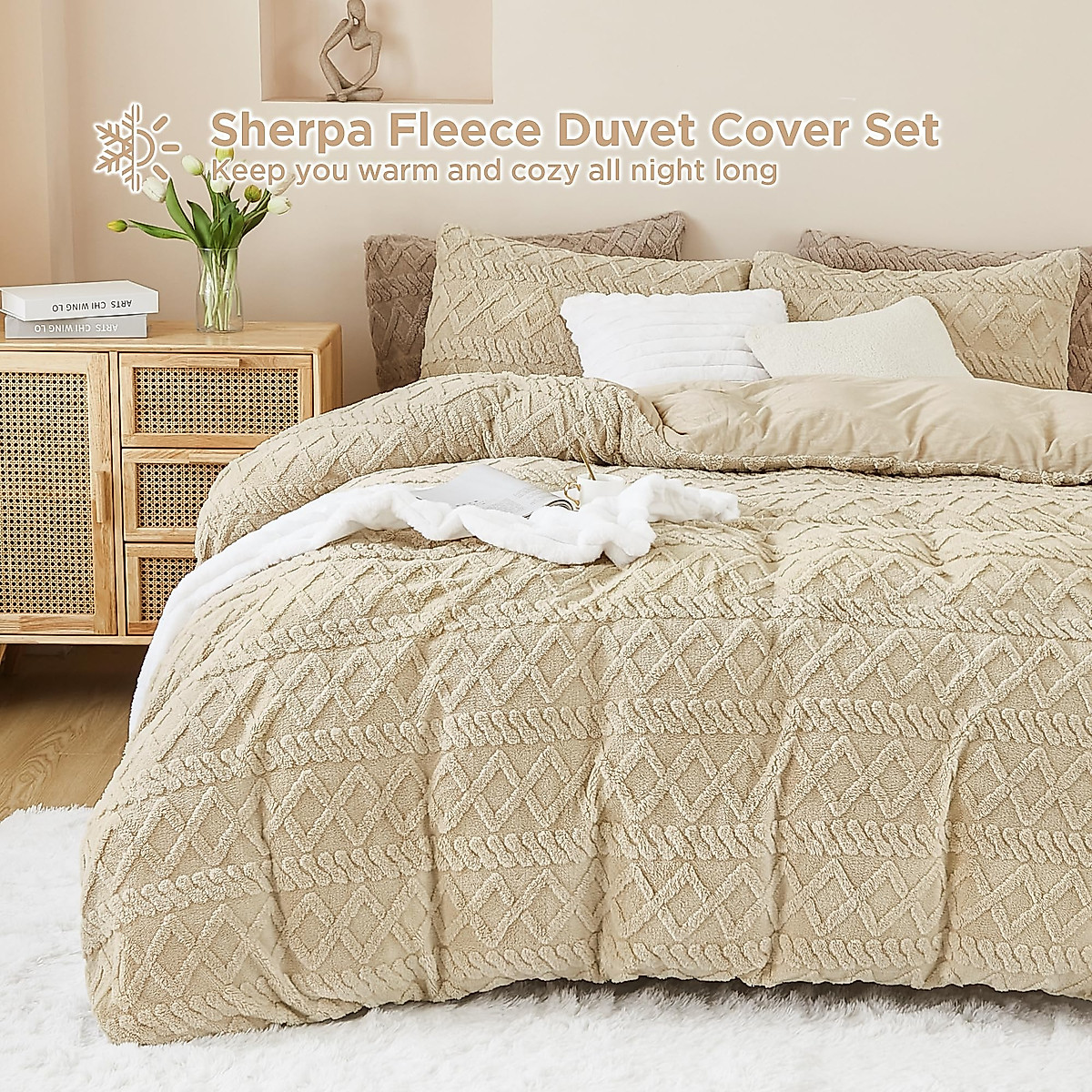 Andency Beige Cream Fleece Duvet Cover Set King Size, 3 Pieces Boho Flannel Fuzzy Fluffy Faux Fur Comforter Cover for Winter, Soft Shaggy Plush Cozy Sherpa Bedding Set