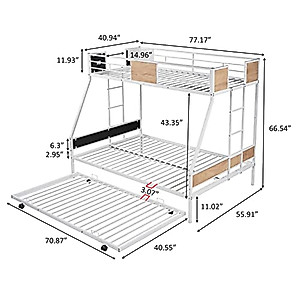 Twin Over Full Bunk Bed Frame with Trundle, Metal Bunkbed with Sturdy Guard Rail and Ladder for Girls/Boys/ Adults, No Box Spring Needed, Noise Free for Dorm, Bedroom, Guest Room (White)