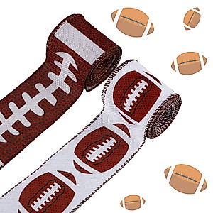 2 Rolls 13 Yards Football Wired Edge Ribbon, 2.5 Inch Brown White Burlap Homecoming Mum Ribbon for Football Sports Gift DIY Wrapping Floral Arrangement Craft Supplies