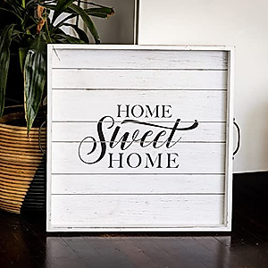 Stonebriar Square Worn White Home Sweet Home Decorative Wooden Tray with Metal Handles
