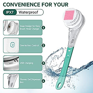 Electric Body Brush, Number-one Body Scrubber with 6 Brush Heads Long Handle Bath Shower Brush Massage Body Brush Kit, IPX7 Waterproof 3 Speed Spin Cleaning Brush Back Brush for Face & Body Men Women