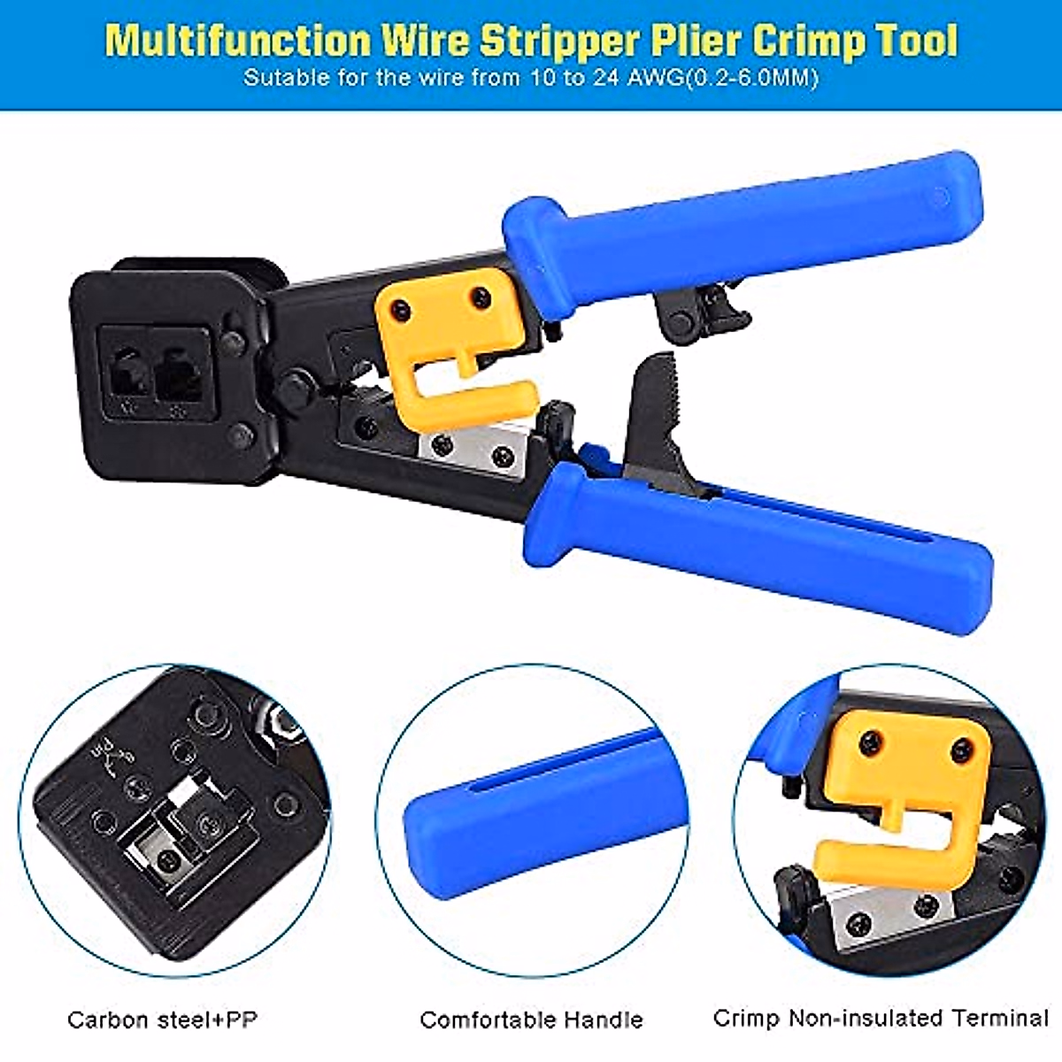 RJ45 Crimping Tool Ethernet Crimper for Cat6 Cat5 Cat5e RJ45 Pass Through Connectors and RJ12 Ends Comes with 20PCS RJ45 Cat6 Connectors and Replacement Blade