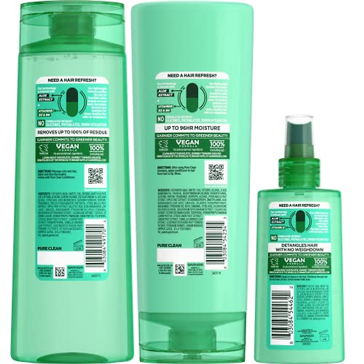 Garnier Fructis Pure Clean Purifying Shampoo, Hydrating Conditioner, and Detangler + Air Dry Spray Set (3 Items), 1 Kit (Packaging May Vary)