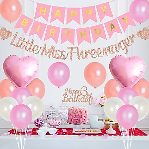 JOYMEMO 3rd Birthday Decorations for Girls Pink and Rose Gold Happy Birthday Banner Cake Topper, Little Miss Threenager Garland, Rose Gold Large Number 3 Foil Balloon and Pink Heart Balloons