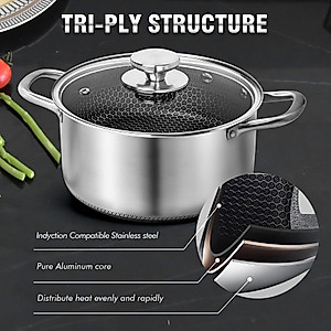 AuFranc™ Hybrid Nonstick 6 Quart Stainless Steel Stockpot with Glass Lid, Induction Stock Pot with Honeycomb Carving, Non-stick Soup Pot Compatible with All Cooktops, Non-Toxic, Dishwasher & Oven Safe