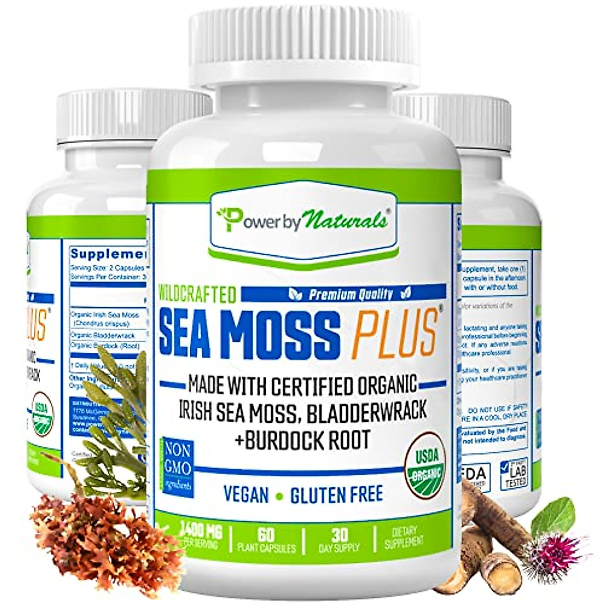 Power By Naturals USDA Organic Sea Moss Plus Bladderwrack and Burdock Root Capsules for Gut Health, Immune Support & Thyroid Supplement (Pure, No Fillers, Wildcrafted Irish SeaMoss Pills) 60Ct.