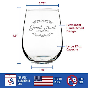 Great Aunt Est 2023 - New Great Aunts Stemless Wine Glass Gift for First Time Great Aunts - Decorative 17 Oz Large Glasses