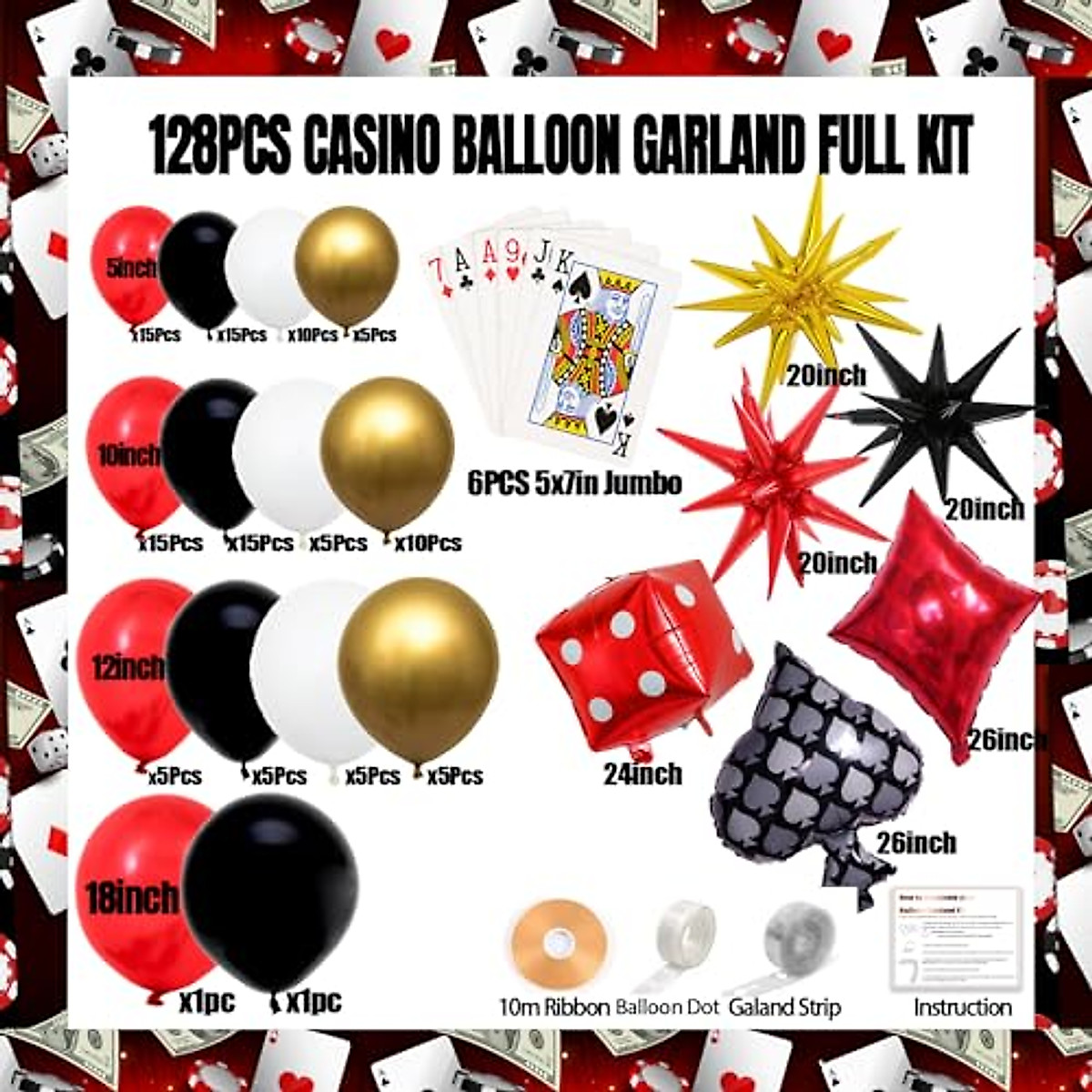 Casino Balloon Garland Arch Kit, 128Pcs Red Black White Gold Balloon With Starburst Dice Foil Balloons Giant Paper Card for Casino Las Vegas Game Night Poker Theme Party Decorations