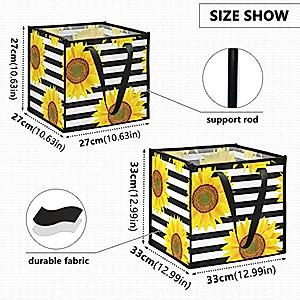 KEEPREAL Sunflower Black and White Stripes Cube Storage Bin with Handles, Large Collapsible Organizer Storage Basket for Home Decorative(1Pack,10.6 x 10.6 x 10.6 in)