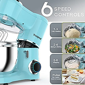 Vospeed Stand Mixer, 8.5 QT 660W 6-Speed Tilt-Head Food Mixer Kitchen Electric Mixer with Stainless Steel Bowl, Beater, Hook, Whisk. (Blue)