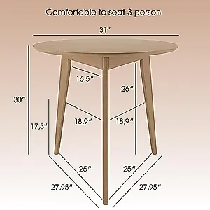 DAIVA CASA Orion Light 31 inch 3 Legs Round Table for 3 Person - Birch Solid Wood Kitchen & Dining Room Furniture - Mid Century Modern Scandinavian Style – Brown Table for Small Space