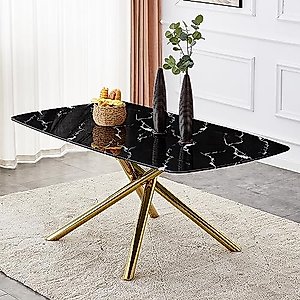 SSLine Faux Marble Dining Table,71 Inch Tempered Glass Dining Table,Modern Rectangular Table with X-Sahped Gold Metal Legs for Home,Kitchen