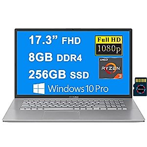 (RENEWED!) Asus VivoBook 17 Business Laptop I 17.3” Full HD I AMD Ryzen 3 3250U I 8GB DDR4 256GB SSD I AMD Radeon Graphic I USB-C HDMI SonicMaster Win10Pro Silver + 32GB MicroSD Card