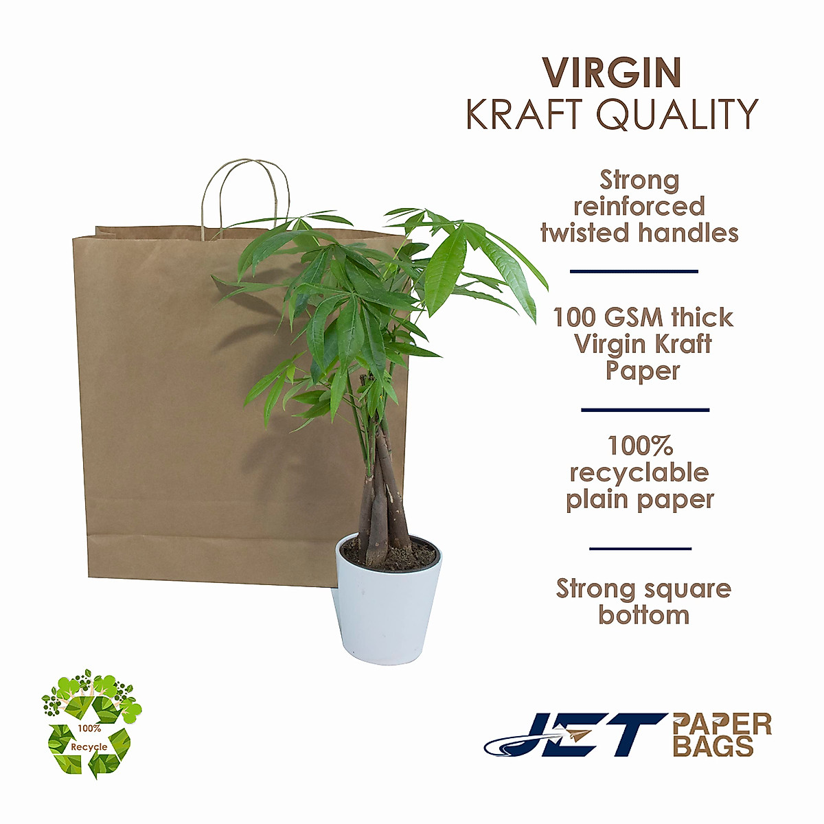 JET PAPER BAGS - 18x5x19.75 Inch [50 Pcs] Large Brown Paper Bags with Handles Prime for Takeout, Grocery, Goody, Retail, Party, Gifts, Weddings - Recyclable Kraft Paper Gift Bags with Handles