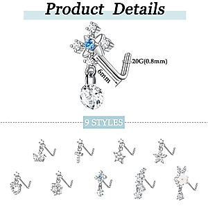 ORAZIO 9 PCS Dangle Nose Rings L Shaped for Women 20G Stainless Steel Nose Rings Studs CZ Cross Crown Flower Heart Dangling Nose Rings Piercing Jewelry