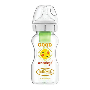 Dr. Brown’s Natural Flow® Anti-Colic Options+™ Wide Baby Bottles, 9 oz/270ml, with Level 1 Slow Flow Nipple, 4 Pack Good Morning/Good Night Gift Set